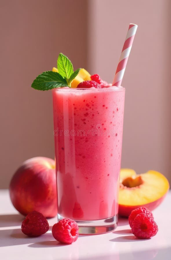 Refreshing Raspberry Peach Smoothie with Mint and Straw Stock Image ...