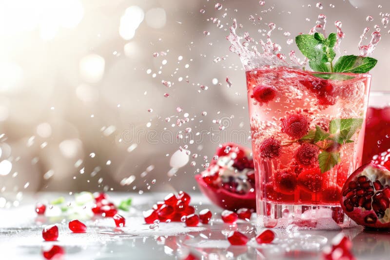 Refreshing Raspberry Pomegranate Cocktail Splash on Shiny Surface Stock ...