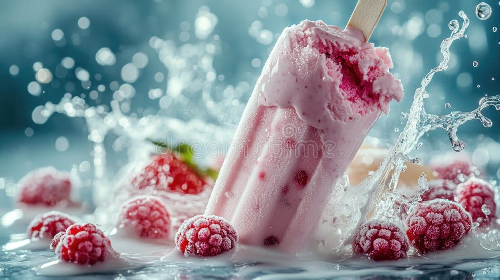 Refreshing Raspberry Popsicle Splash in Milk with Fresh Strawberries and Raspberries Stock Image ...