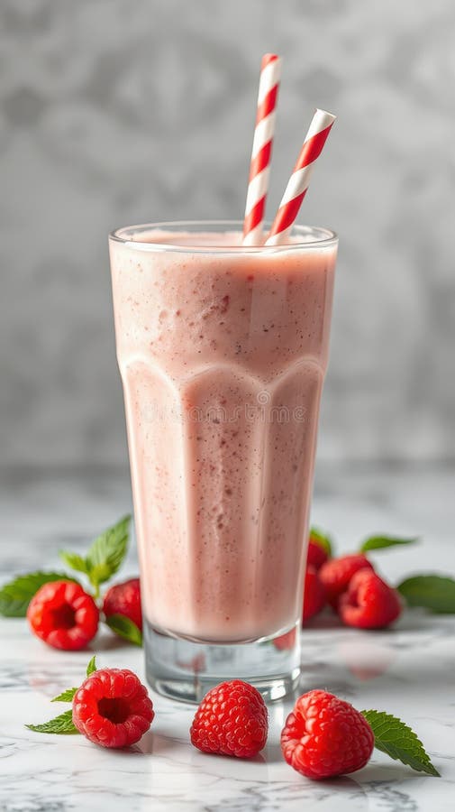 Refreshing Raspberry Smoothie with Striped Straws and Fresh Raspberries on Marble Surface Stock ...