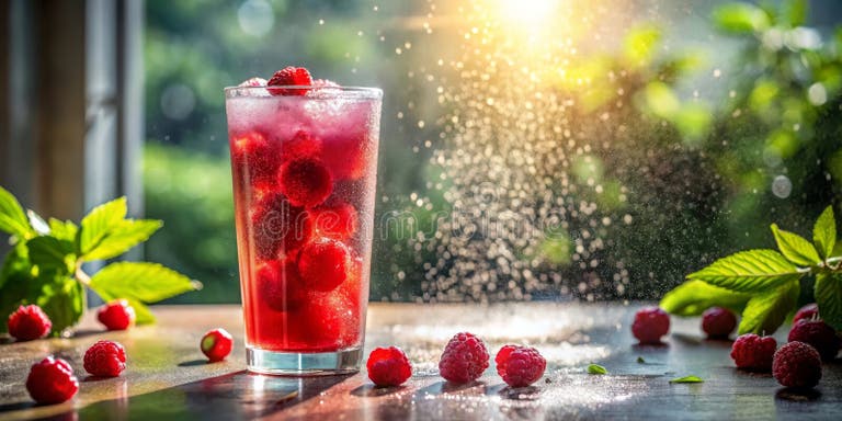 Refreshing Raspberry Summer Drink with Sparkling Bubbles and Sunlit ...