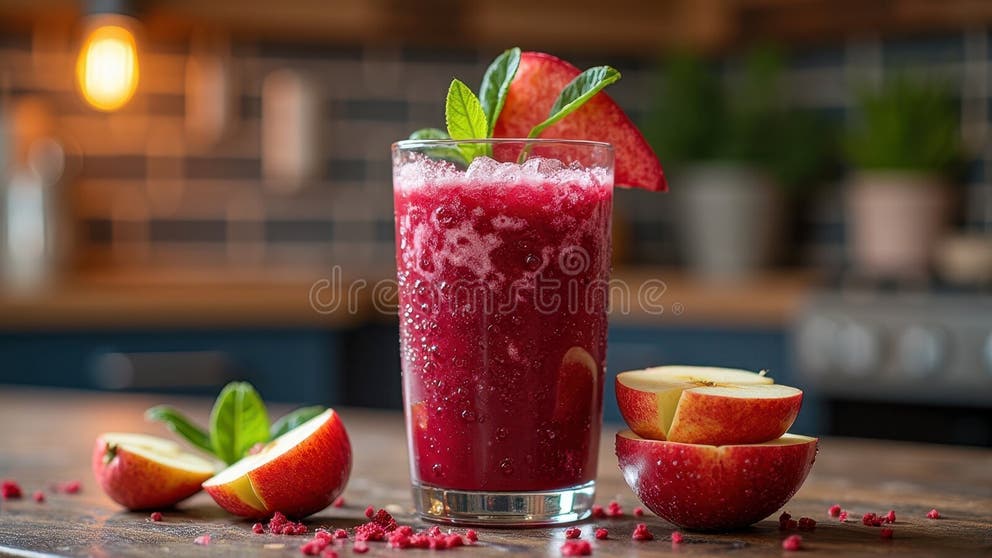 Refreshing Red Apple Juice with Mint in a Glass on Rustic Kitchen Table ...