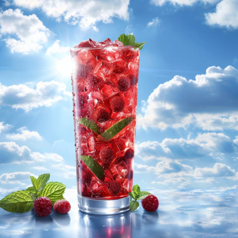 Refreshing Red Berry and Mint Iced Tea, Summer Cocktail Against a Blue ...