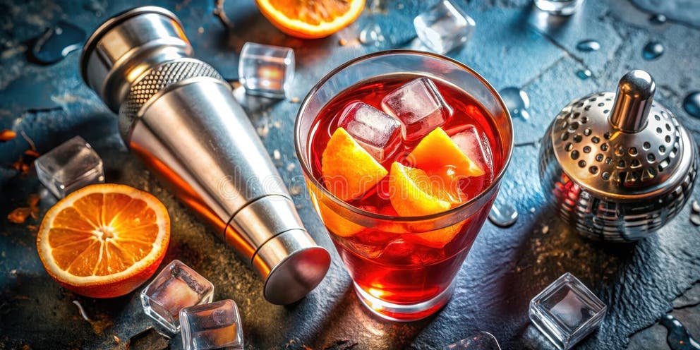 Refreshing Red Citrus Cocktail with Ice Cubes and Bar Tools. Generative ...