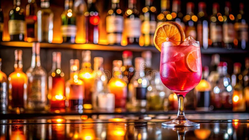 Refreshing Red Cocktail on Bartop with Backlit Bottles. Generative AI ...