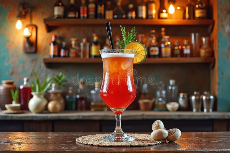 Refreshing Red Cocktail with Lemon and Rosemary Garnish on Bar Counter ...