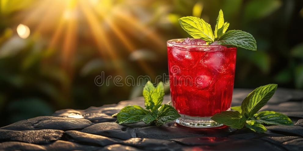 Refreshing Red Cocktail with Mint Leaves in Sunlight on Stone Table ...