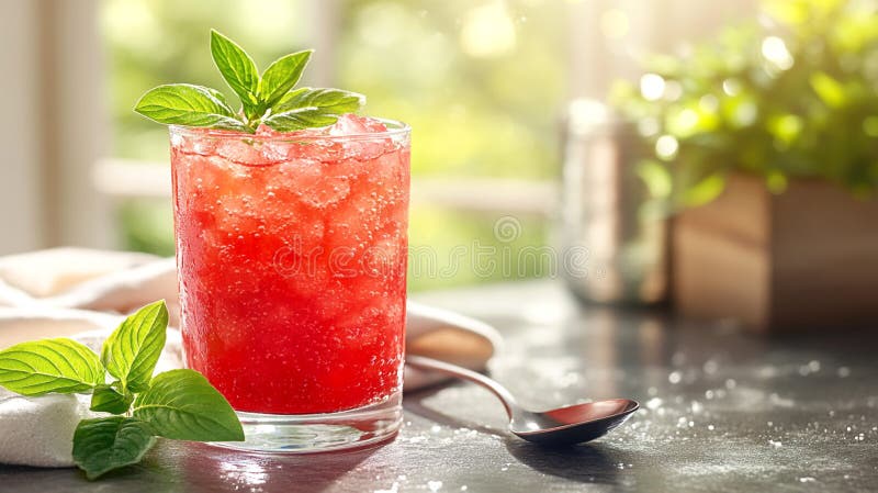 Refreshing Red Fruit Drink with Crushed Ice and Fresh Mint Leaves ...