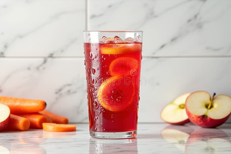 Refreshing Red Fruit Juice with Apple and Carrot Slices on Marble ...