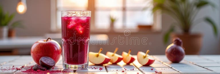 Refreshing Red Fruit Juice with Apples and Plums on Sunny Kitchen ...
