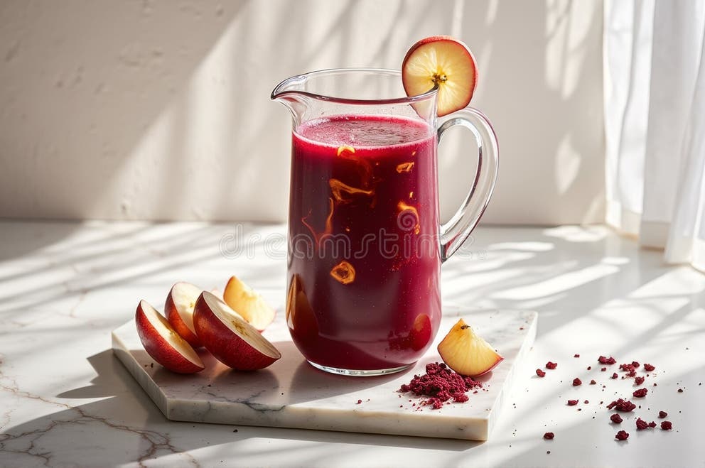 Refreshing Red Juice in Glass Pitcher with Apple Slices on Marble ...