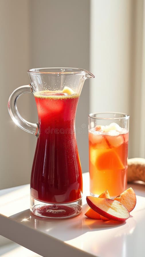 Refreshing Red Juice in Glass Pitcher with Peach Slices and Iced Drink ...