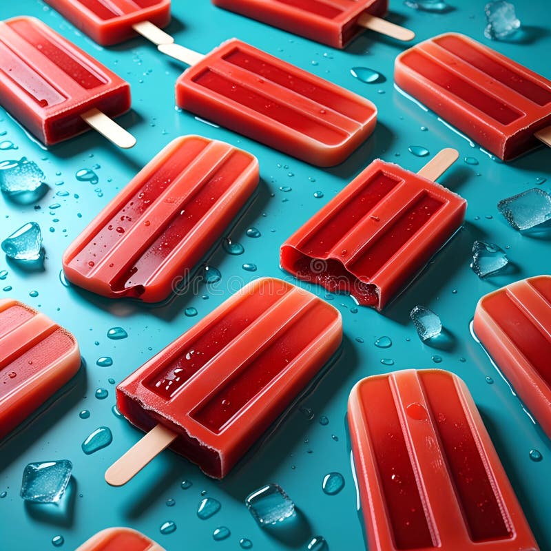 Refreshing Red Popsicles with Ice Cubes on a Vibrant Blue Background ...