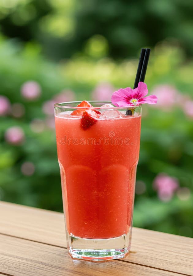 Refreshing Red Strawberry Cocktail with Pink Flower Garnish Stock Photo ...