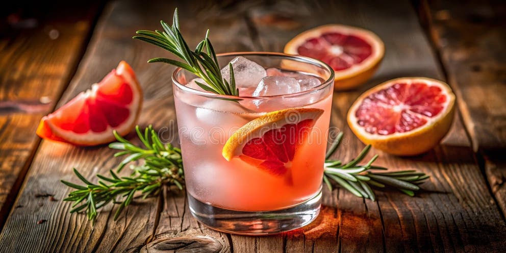 Refreshing Rosemary Grapefruit Cocktail with Ice on Rustic Wood ...