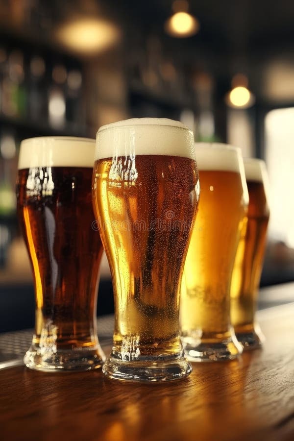 Refreshing Selection Glasses of Draft Beer Lined Up on a Bar Counter ...