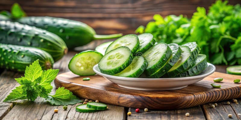 Refreshing Slices of Cucumber on Rustic Wooden Board with Herbs ...