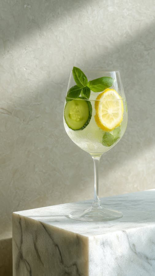 Refreshing Spa Spritz with Cucumber, Lemon, and Basil Garnished in ...