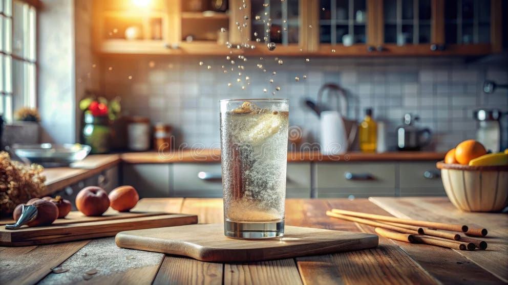Refreshing Sparkling Beverage in a Glass on a Rustic Kitchen Counter ...