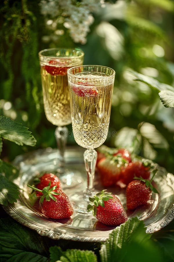 Refreshing Sparkling Drinks with Strawberries in a Lush Garden Setting ...