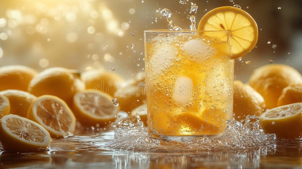 Refreshing Sparkling Lemon Drink with Ice and Bubbles for Summer Stock ...