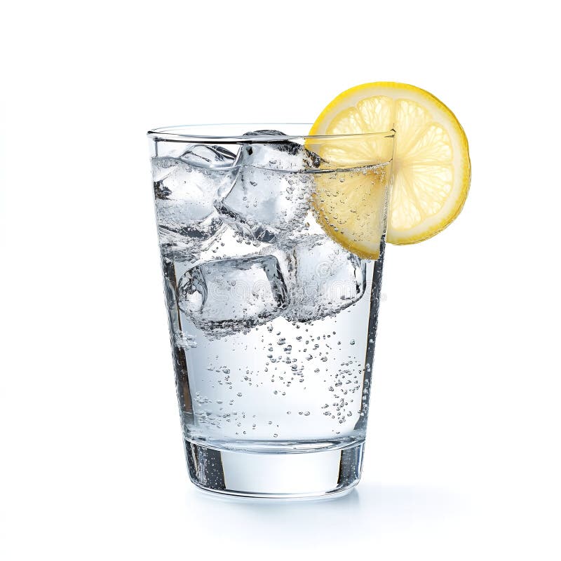 Refreshing Sparkling Water with Ice Cubes and Lemon Slice in Glass ...