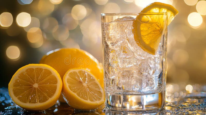 Refreshing Sparkling Water with Lemon and Ice Stock Illustration ...