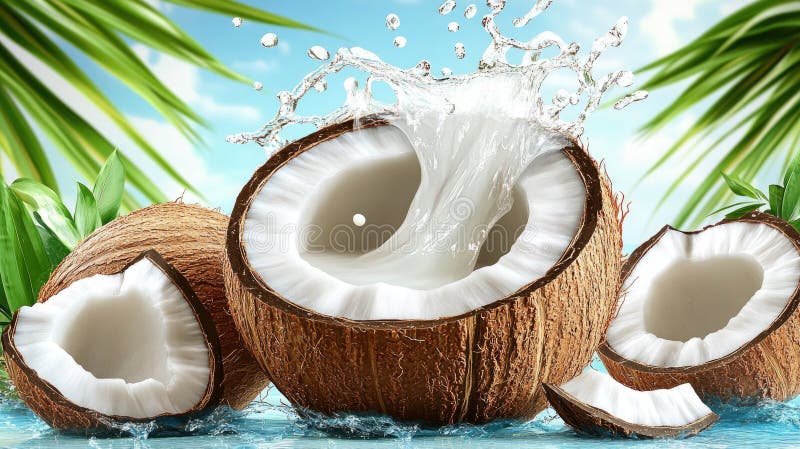 Refreshing Splash of Coconut Water from Freshly Cracked Coconuts Stock ...