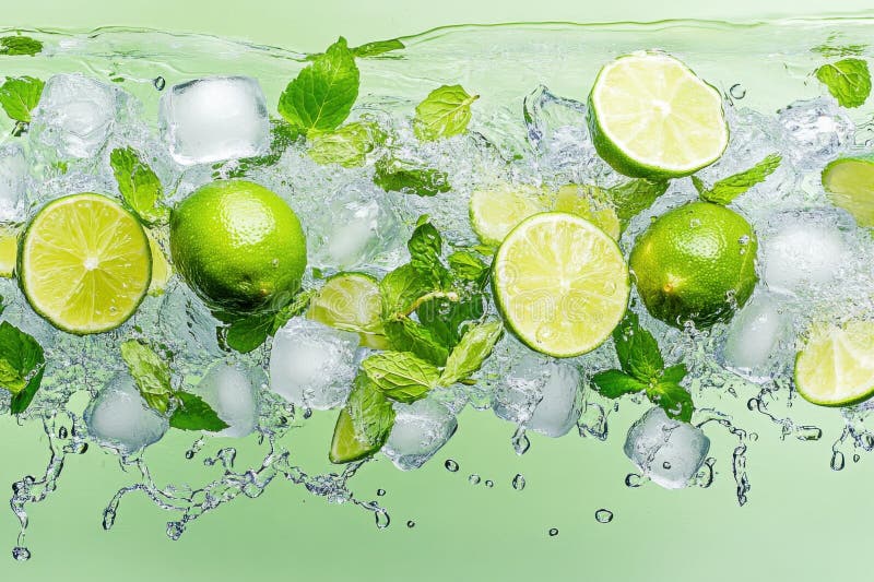 Refreshing Splash of Cold Water with Lime Slices Ice Cubes and Mint ...