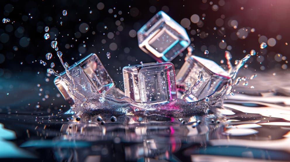 Refreshing Splash: Ice Cubes Falling into Cold Water, Creating Ripples ...