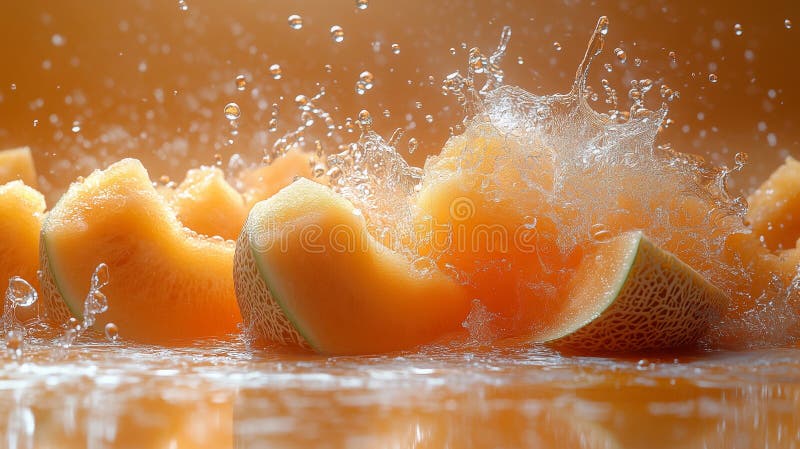 Refreshing Splash of Juicy Melon Slices in Water Background Stock Image ...