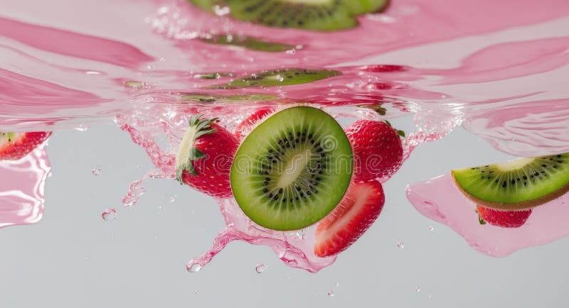 Refreshing Splash of Kiwi and Strawberry in Vibrant Pink Water Stock ...