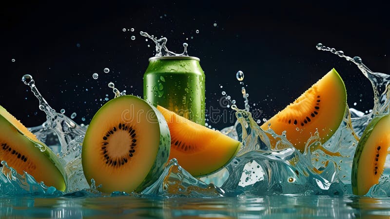 Refreshing Splash of Melon with Beverage Can – Dynamic Fruit Drink ...