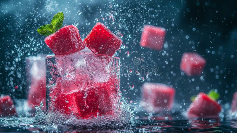 Refreshing Splash of Red Cubes in a Glass of Water Stock Image - Image ...
