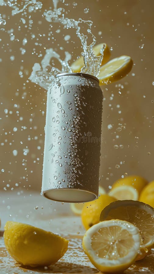 Refreshing Splash from a Soda Can with Lemons, Dynamic Beverage Concept ...