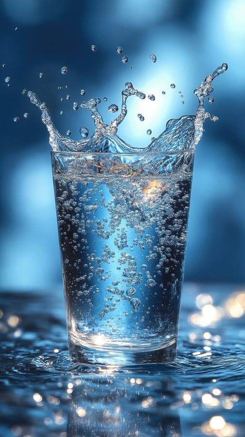 Refreshing Splash of Water in Glass Against Soft Blue Background. Water ...