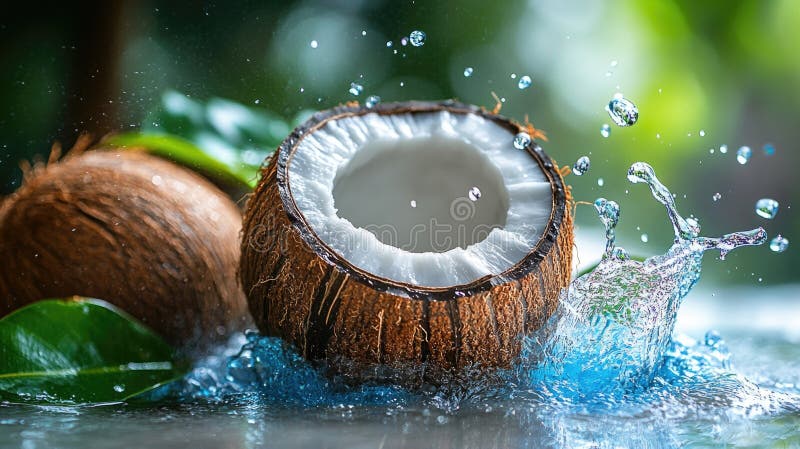 Refreshing Splash Water Open Coconut Tropical Setting Stock Photos ...