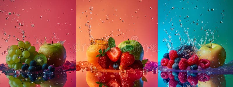 Refreshing Splashes of Water with Mixed Fruits on Vibrant Backgrounds ...