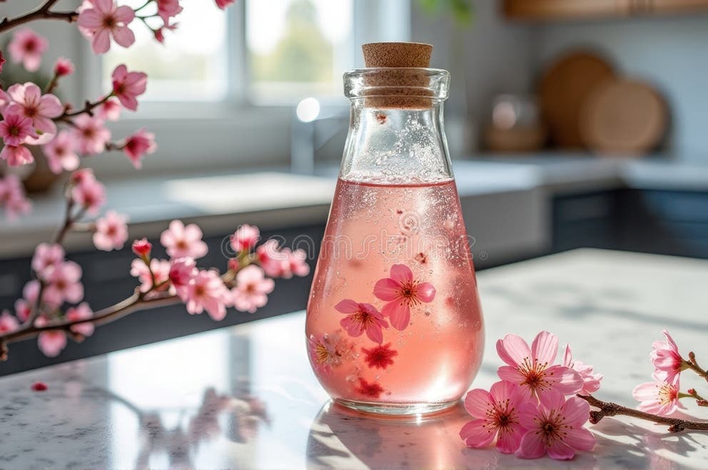 Refreshing Spring Beverage with Cherry Blossoms in Sunlit Kitchen Stock ...