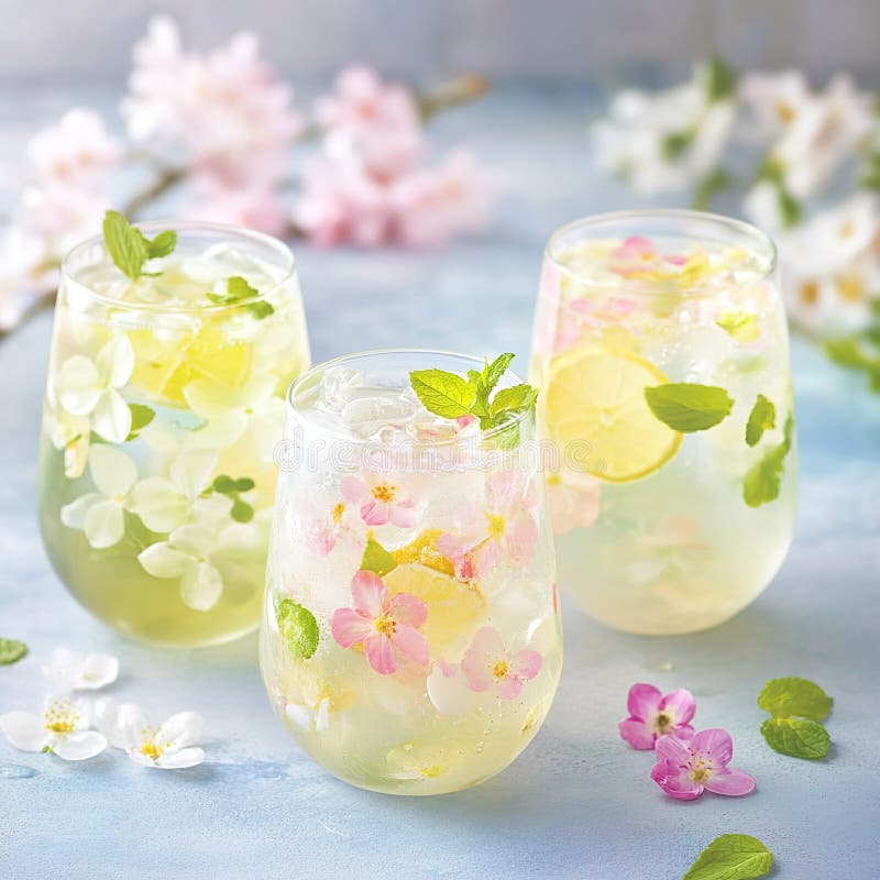Refreshing Spring Cocktails and Mocktails in Elegant Glassware Stock ...