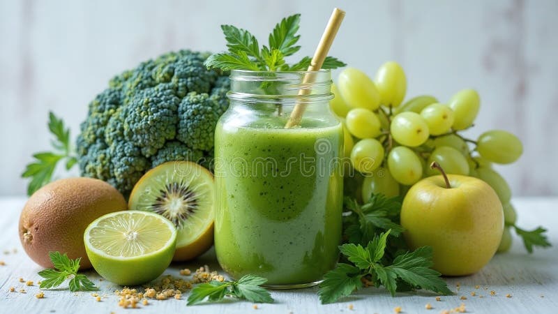 Refreshing Still Life of Fruits Vegetables Around Jar Stock ...