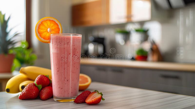 Refreshing Strawberry Banana Smoothie in Modern Kitchen Setting Stock ...