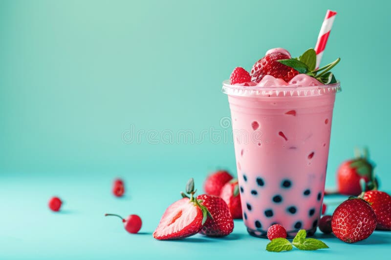Refreshing Strawberry Boba Tea with Fresh Fruit and Tapioca Pearls on ...
