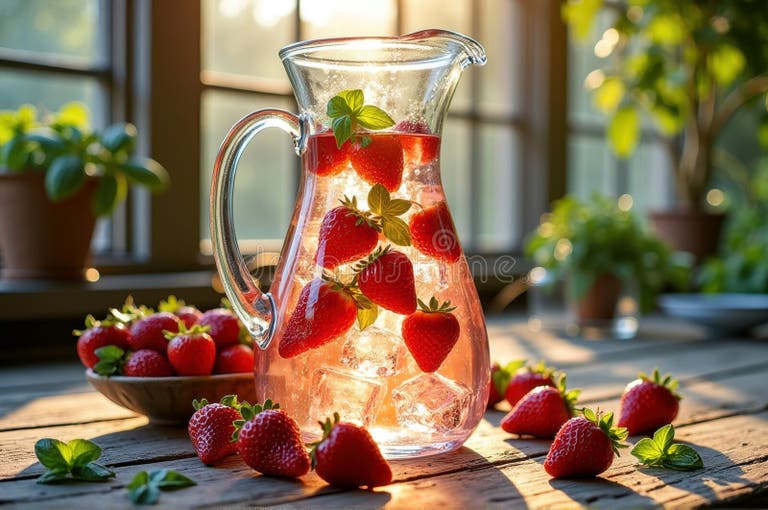 Refreshing Strawberry Infused Water in Glass Pitcher Outdoors with ...