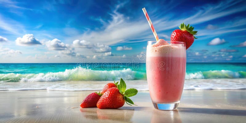 Refreshing Strawberry Smoothie on Sandy Beach with Ocean View ...
