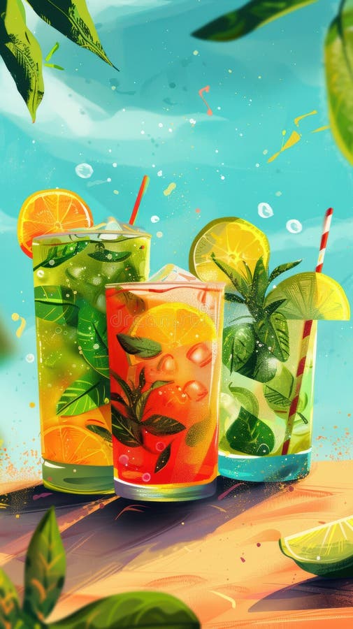 Refreshing Summer Beach Drinks. High Detailed Drink Concept Stock Image ...