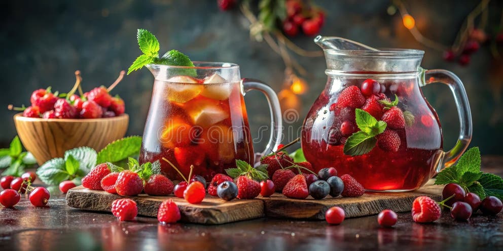 Refreshing Summer Berry Iced Tea in Glass Pitchers. Generative AI Stock Illustration ...