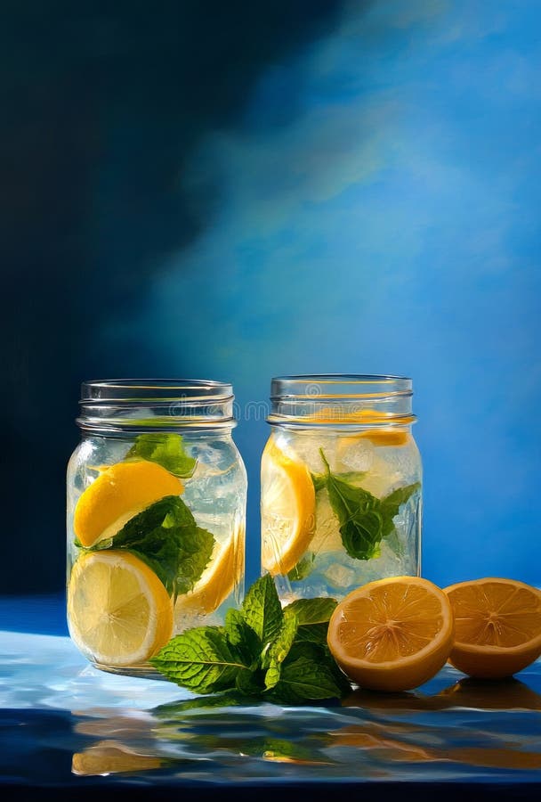 A Refreshing Summer Beverage Featuring Lemons and Mint Leaves, Set ...