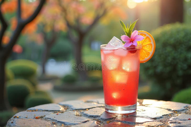 Refreshing Summer Beverage with Ice and Citrus in Garden Setting at ...