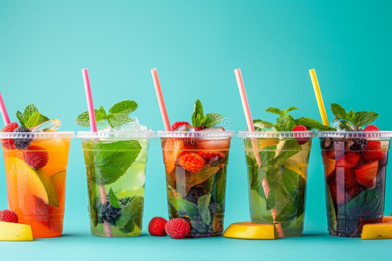 Refreshing Summer Beverages Lined Up with Vibrant Fruits and Mint on a ...